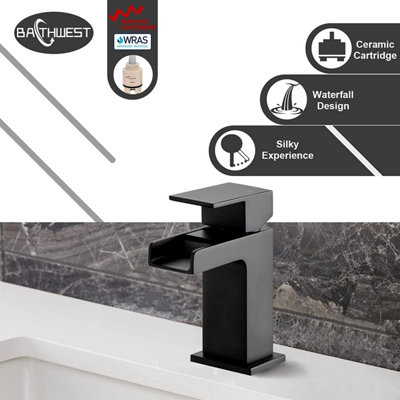 BATHWEST Matte Black Basin Mixer Taps Waterfall Square Mono Bathroom ...