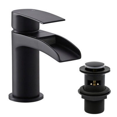 BATHWEST Matte Black Basin Mixer Taps with Pop Up Waste Waterfall Basin ...