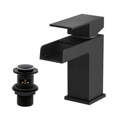 BATHWEST Matte Black Waterfall Square Basin Taps with Pop Up Waste ...