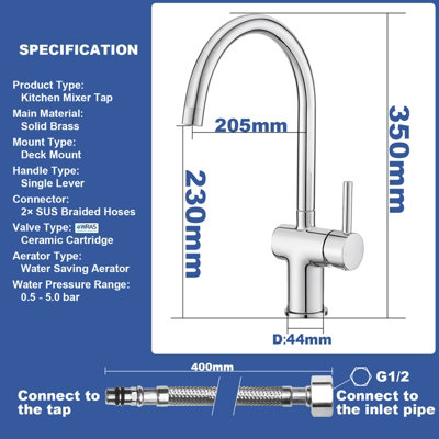 BATHWEST Modern Kitchen Sink Tap with UK Standard Fittings Single Lever ...