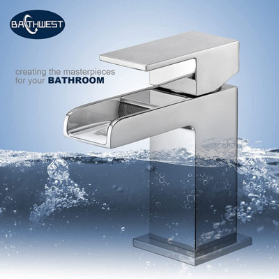 BATHWEST Waterfall Basin Taps with Drainer Square Chrome Brass ...