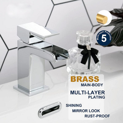 BATHWEST Waterfall Basin Taps with Drainer Square Chrome Brass ...