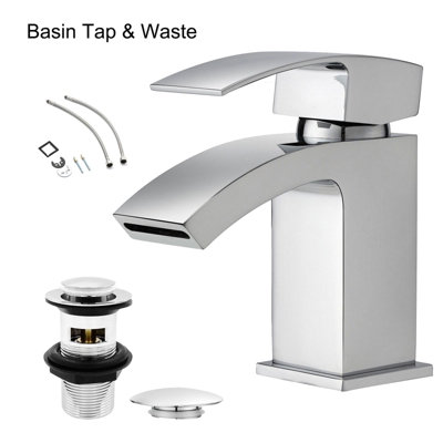 BATHWEST Waterfall Bathroom Basin Mixer Taps & Drainer Mono Sink Mixer Taps with Waste | DIY at B&Q