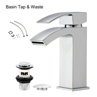 BATHWEST Waterfall Monobloc Basin Mixer Taps with Waste Bathroom Sink Taps & Drainer | DIY at B&Q