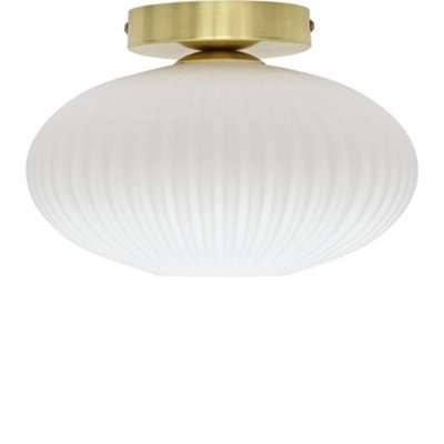 Baton - White Ribbed Oval Glass Satin Brass Ceiling Light Fitting