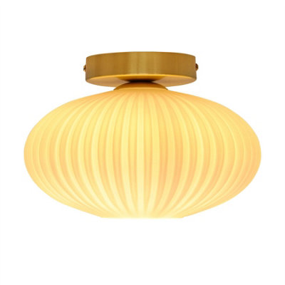 Baton - White Ribbed Oval Glass Satin Brass Ceiling Light Fitting