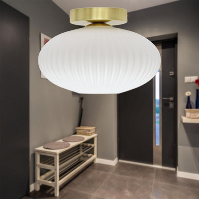 Baton - White Ribbed Oval Glass Satin Brass Ceiling Light Fitting