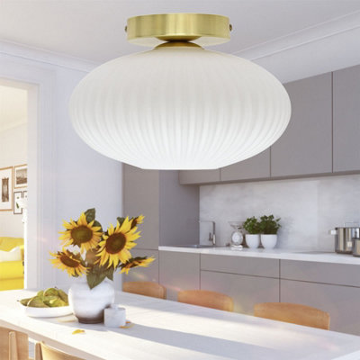 Baton - White Ribbed Oval Glass Satin Brass Ceiling Light Fitting