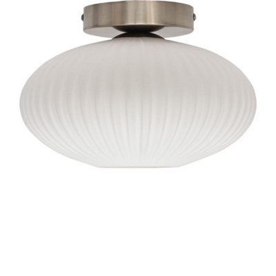 Baton - White Ribbed Oval Glass Satin Nickel Ceiling Light Fitting