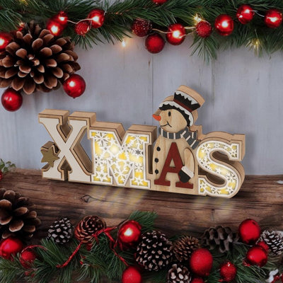 Battery Powered Wooden Light Up Xmas Display Novelty LED Festive Christmas Decoration with Snowman and Star