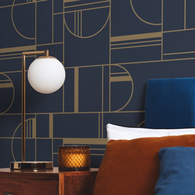 Bauhaus Geometric Wallpaper In Navy And Gold