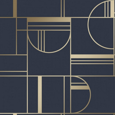 Bauhaus Geometric wallpaper in navy & gold | DIY at B&Q