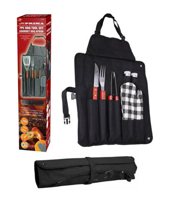 BBQ Apron Cooking Tool Set 7pc Oven Glove Tongs Spatula Salt Pepper Shaker