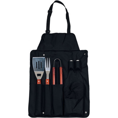 BBQ Apron Cooking Tool Set 7pc Oven Glove Tongs Spatula Salt Pepper Shaker