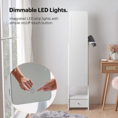 Beautify Storage Mirror Free Standing Armoire w LED Lights Jewellery Hooks Internal Shelves Hairdryer Ring
