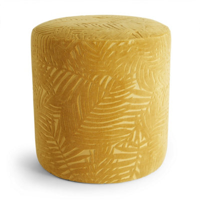 Beautify Velvet Foot Stool Mustard Round Footrest Floral Leaf Pattern Upholstered Soft Touch Fabric Padded Lightweight Ottoman