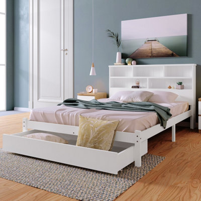Bed with Shelves White Wooden Storage Bed Underbed Drawer 4ft6 Double 135 x 190 cm