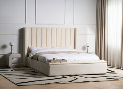 Bed with Storage Bench NOYERS Velvet Off-White 160 x 200 cm (EU King Size)