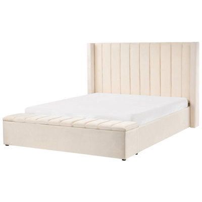 Bed with Storage Bench NOYERS Velvet Off-White 160 x 200 cm (EU King Size)