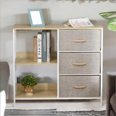 Bedroom Chest With 3 Fabric Drawers & Shelves Beige