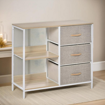 Bedroom Chest With 3 Fabric Drawers & Shelves Beige