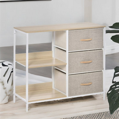 Bedroom Chest With 3 Fabric Drawers & Shelves Beige