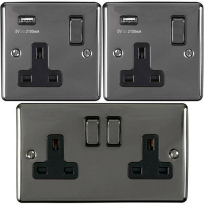 Bedside Plug Socket Pack-2x Single / USB & 1x Twin Gang-BLACK NICKEL ...