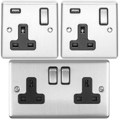 Bedside Plug Socket Pack-2x Single / USB & 1x Twin Gang-SATIN STEEL ...