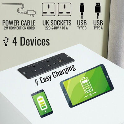 Bedside Table 3 Drawer Nightstand Table With 2 UK Plugs USB A And USB C ...