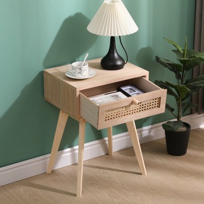 Bedside table with 1 drawer MDF wood frame cabinet With Rattan ...