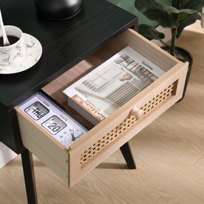 Bedside Table with 1 Drawer MDF Wood Frame Cabinet with Rattan ...
