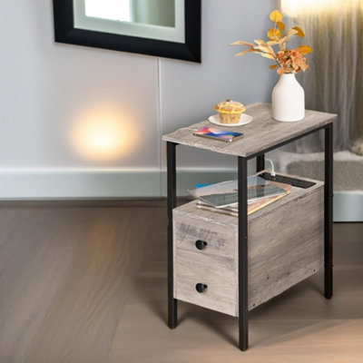 Bedside Table with Power Outlet & USB Ports Greige