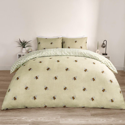 Bee Striped Duvet Cover Reversible Bedding Set, Sage - Single | DIY at B&Q