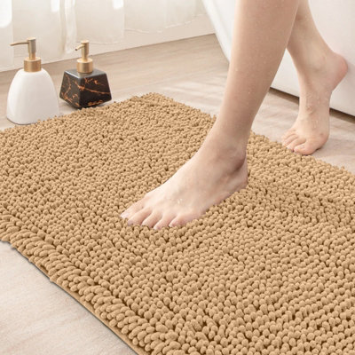 Beige Bath Mats Anti Slip Super Absorbent Luxury Modern Chenille Shower ...