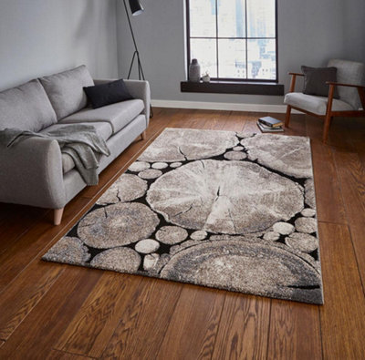 Beige/Black Abstract Funky Modern Easy to Clean Rug for Living Room ...