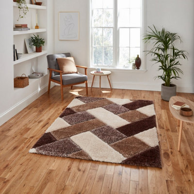Beige Brown Shaggy Geometric Modern Rug for Living Room Bedroom and ...