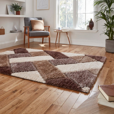 Beige Brown Shaggy Geometric Modern Rug for Living Room Bedroom and ...