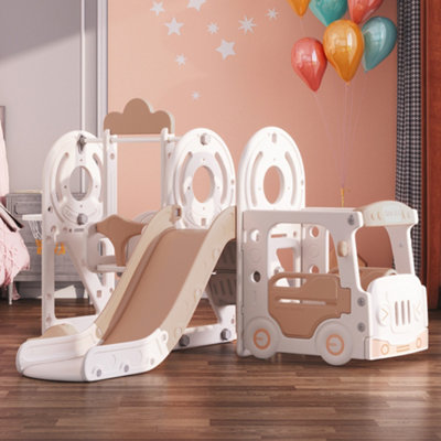 Beige Bus Cartoon 3 in 1 Slide and Swing Set Play Set with Basketball ...