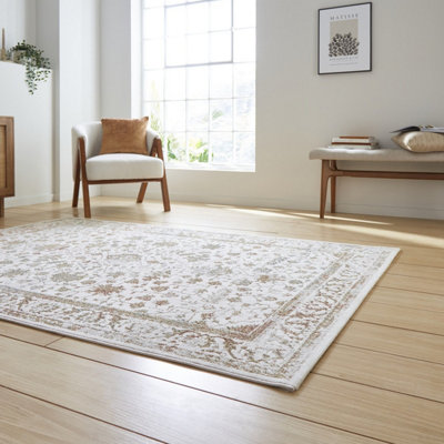 Beige Cream Abstract Bordered 8mm Pile Rug for Bedroom, Living, DiningRoom, Easy to Clean ...