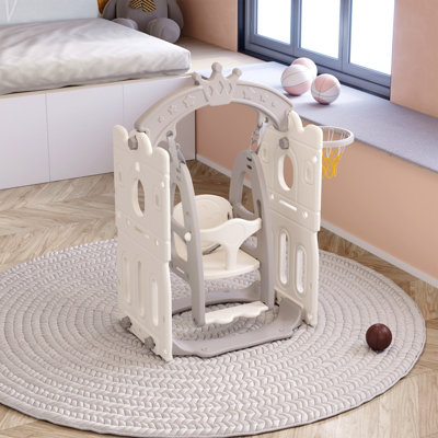 Beige Crown Cartoon Toddler Play Set Swing Set with Basketball Hoop ...