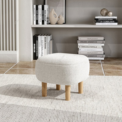Beige Cube Fabric Upholstered Hallway Footstool with Wooden Legs W 410 x D 410 x H 350 mm