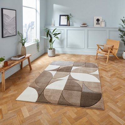 Beige Easy to Clean Abstract Geometrical Modern Rug for Living Room ...