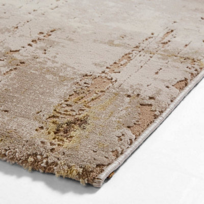 Beige/Gold Abstract Rug, 1cm Thick Stain-Resistant Rug, Modern Rug for ...