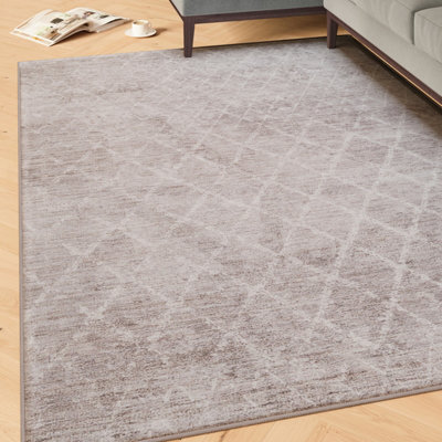 Beige Grey Distressed Geometric Trellis Washable Living Room Area Rug ...