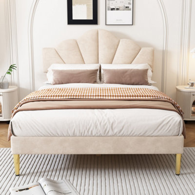 Beige King Size Velvet Upholstered Bed Frame with Adjustable Shell ...
