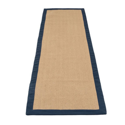 Beige Natural Jute Herringbone Pattern Non Slip Navy Border Rug 70cm x ...