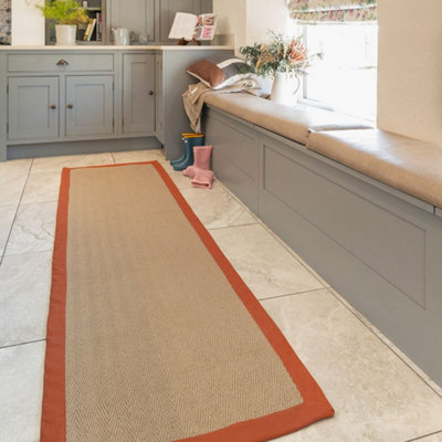 Beige Natural Jute Herringbone Pattern Non Slip Rust Border Rug 70cm x ...