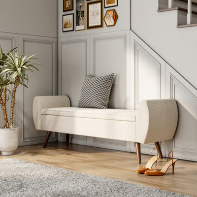 Beige Upholstered Storage Ottoman Bench Bed End Bench with Wood Legs W 1510 x D 470 x H 550 mm