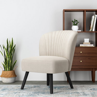 Beige Velvet Channel Back Accent Chair Dressing Chair with Wooden Legs ...