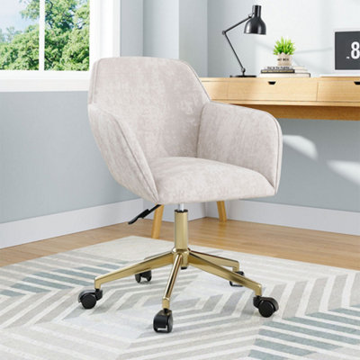 Beige Velvet Fabric Upholstered Desk Chair Swivel Task Chair with Gold Base